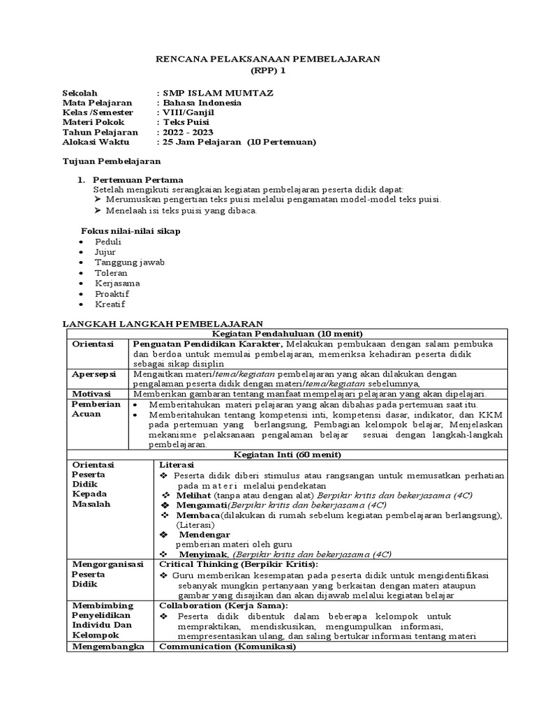 RPP - Bab 4 Teks Puisi - Ganjil 2022-2023 | PDF | Karier & Perkembangan