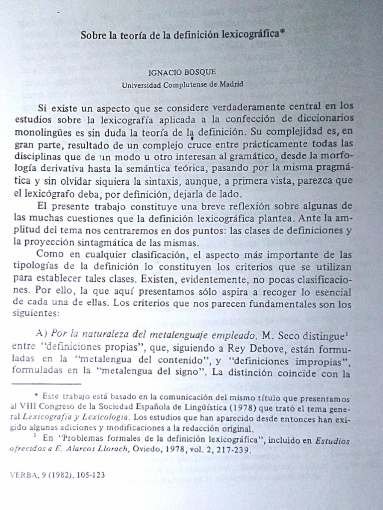 Sobre La Teoría de La Definición Lexicográfica. Ignacio Bosque | PDF