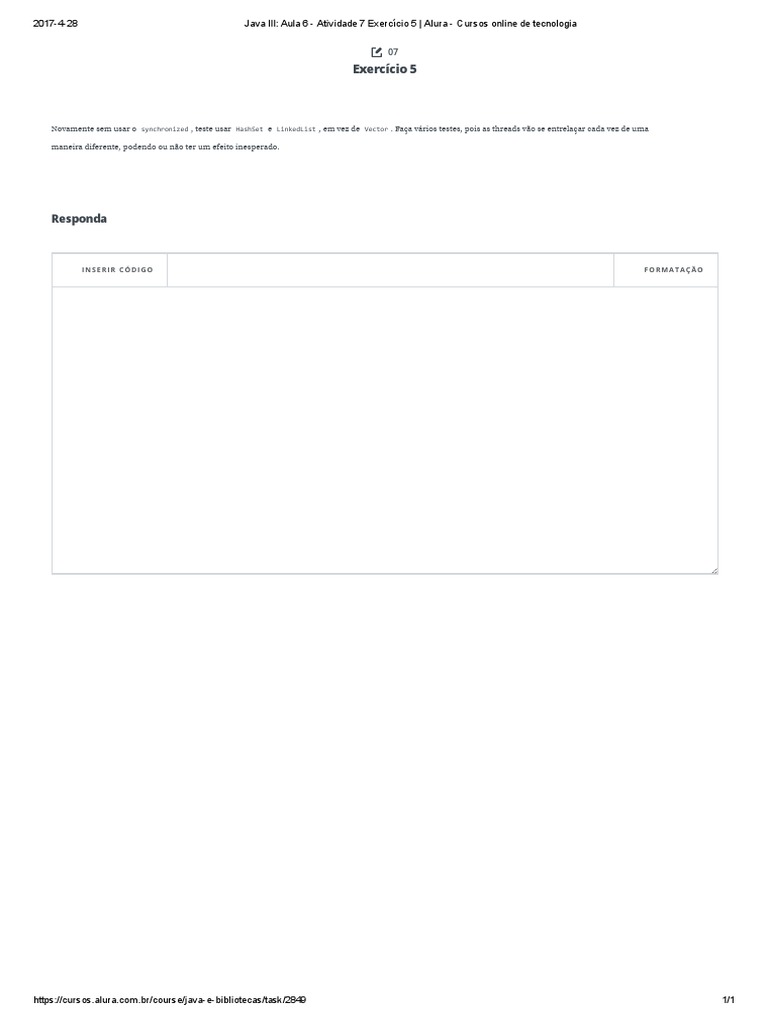 Java III - Aula 6 - Atividade 7 Exercício 5 - Alura - Cursos Online de ...