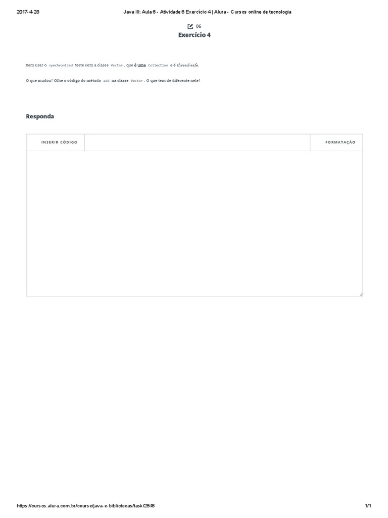 Java III - Aula 6 - Atividade 6 Exercício 4 - Alura - Cursos Online de ...