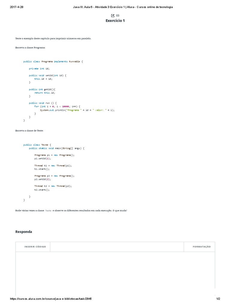 Java III - Aula 6 - Atividade 3 Exercício 1 - Alura - Cursos Online de Tecnologia | PDF