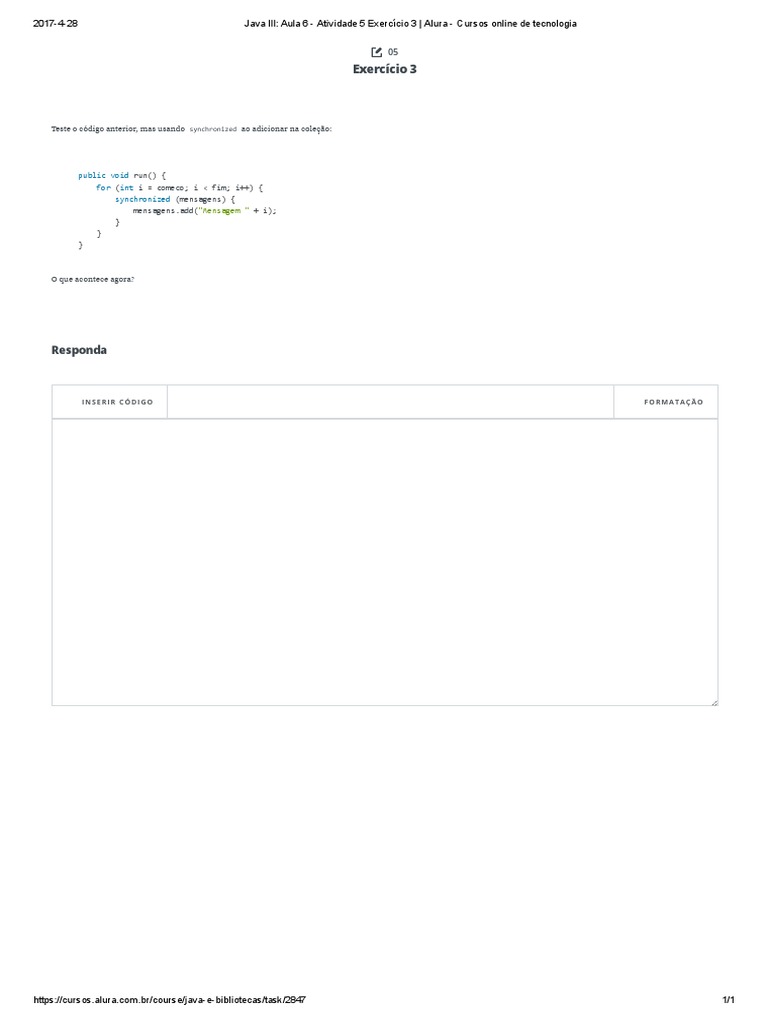 Java III - Aula 6 - Atividade 5 Exercício 3 - Alura - Cursos Online de ...