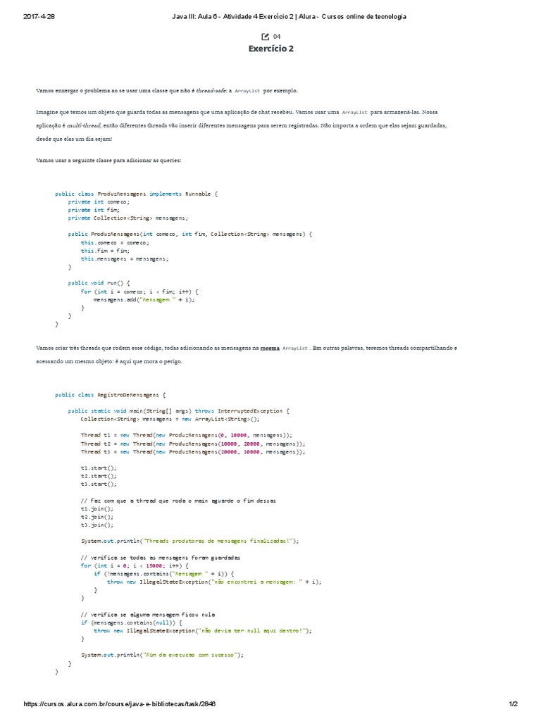 Java III - Aula 6 - Atividade 4 Exercício 2 - Alura - Cursos Online de Tecnologia | PDF | Thread ...