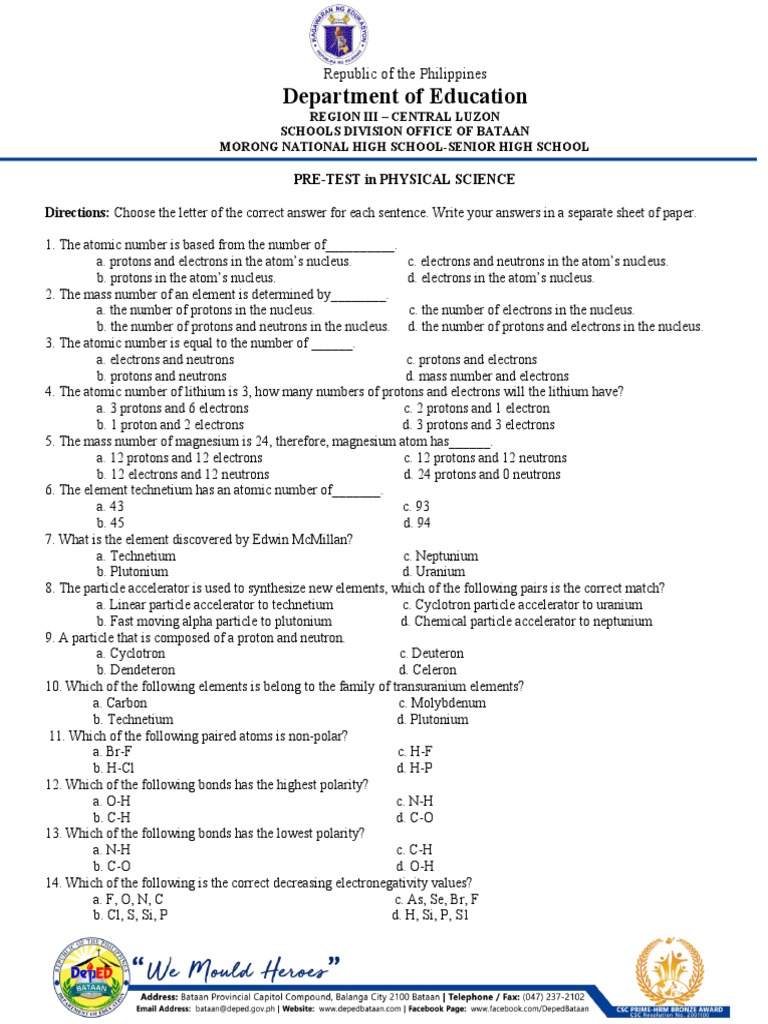Physical Science Pre-Test for Students | PDF | Chemical Reactions ...