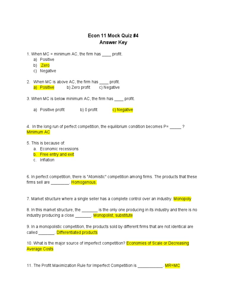 Econ 11 Mock Quiz 4 | PDF | Profit (Economics) | Imperfect Competition