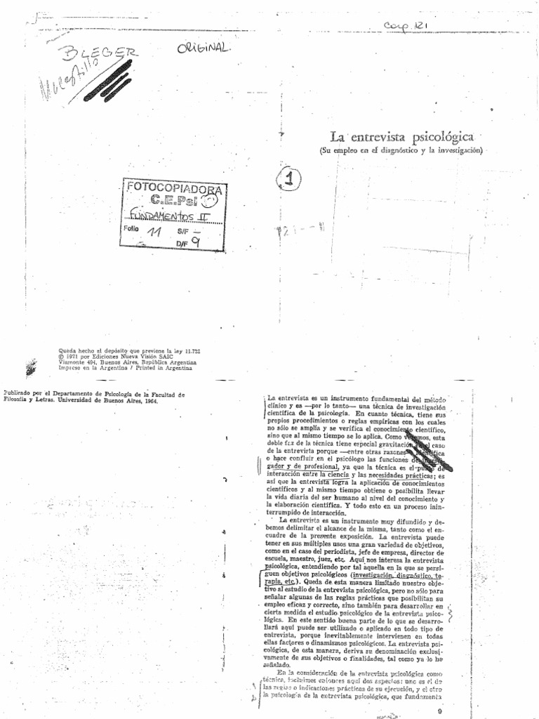 Bleger (1972) - La Entrevista Psicológica | PDF