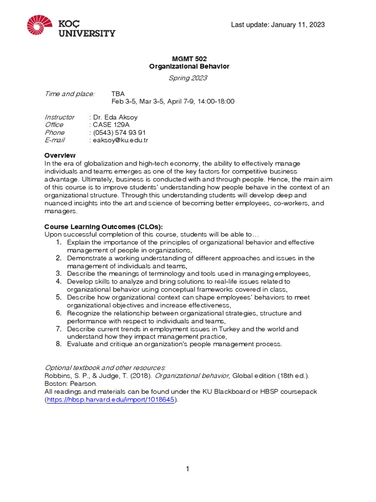 Spring 2023 MGMT 502 Syllabus 11.01.2023 | PDF | Employment | Organizational Behavior