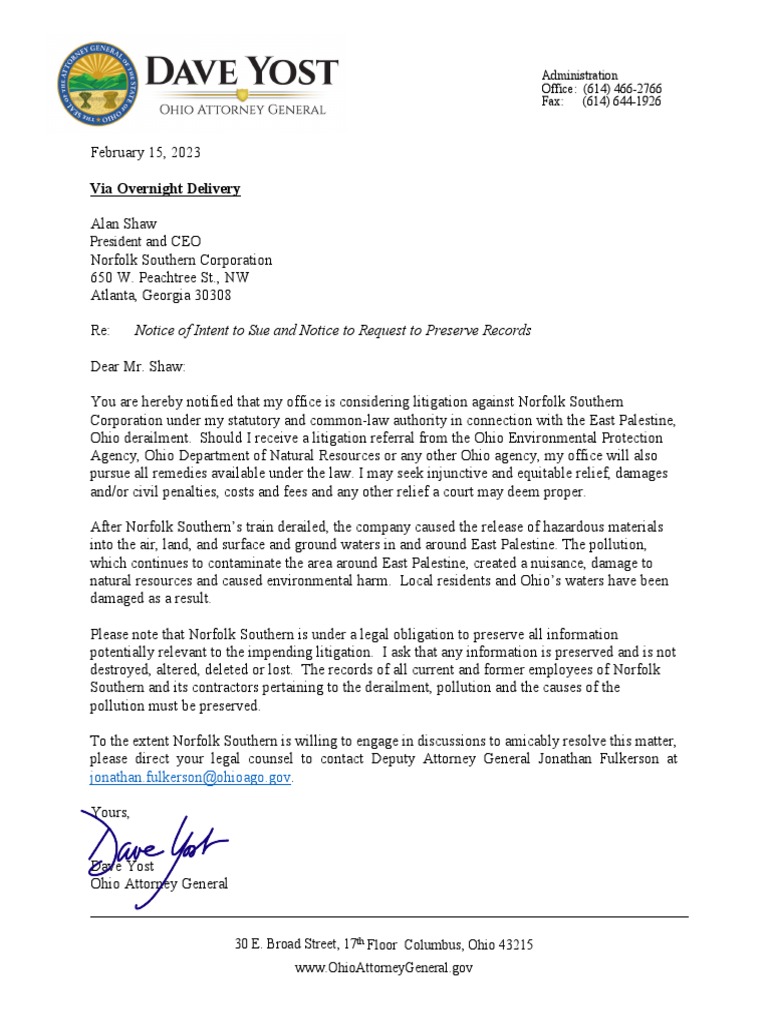 Attorney General Dave Yost's Letter To Norfolk Southern | PDF