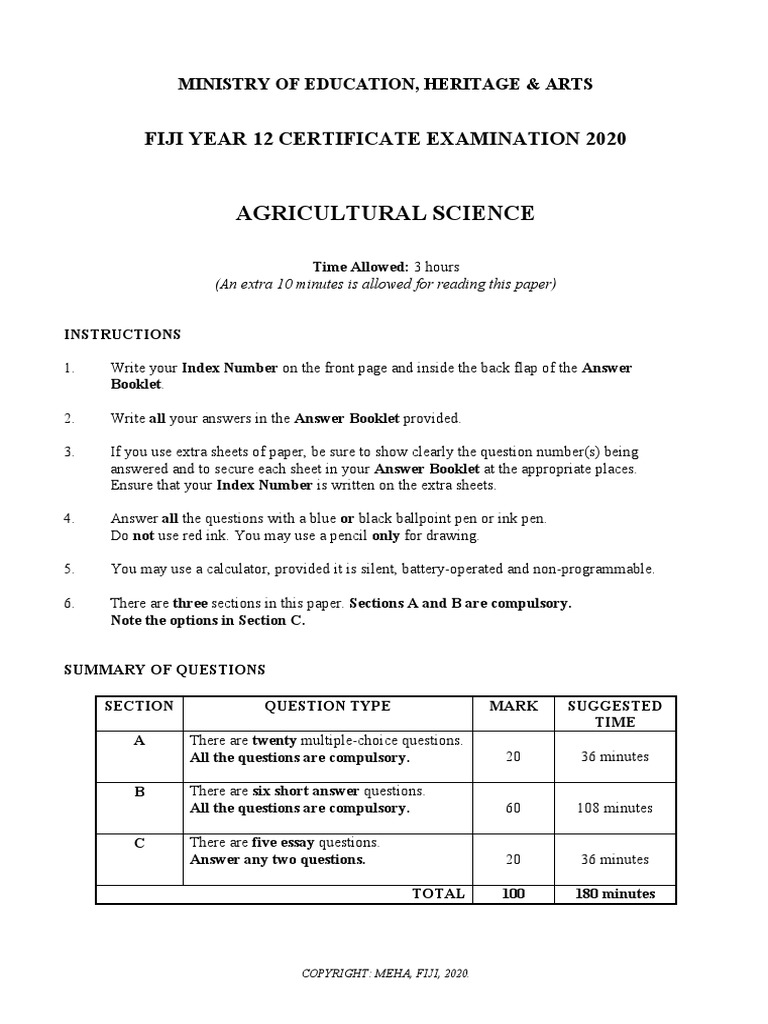 Agricultural Science: Fiji Year 12 Certificate Examination 2020 | PDF ...