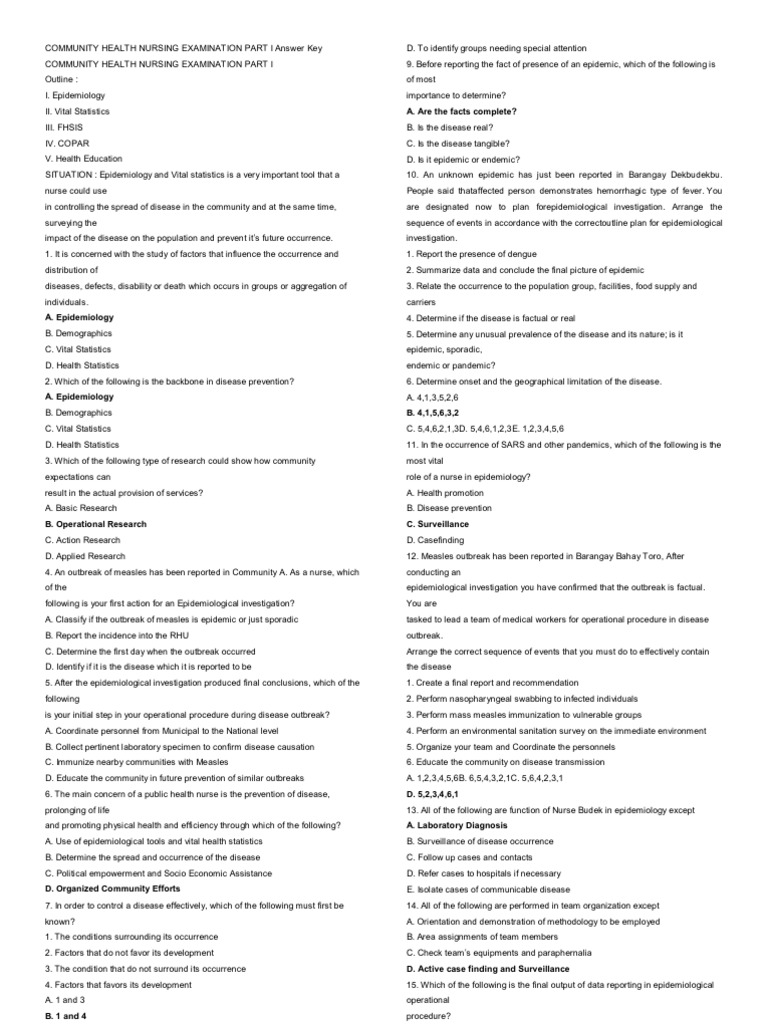 Community Health Nursing Examination Part I Answer Key | PDF ...