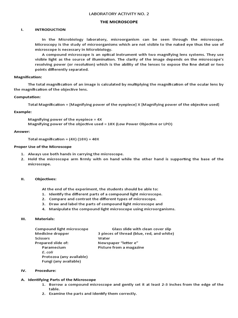 Microscope Lab Activity Guide | PDF | Electromagnetism | Laboratory ...