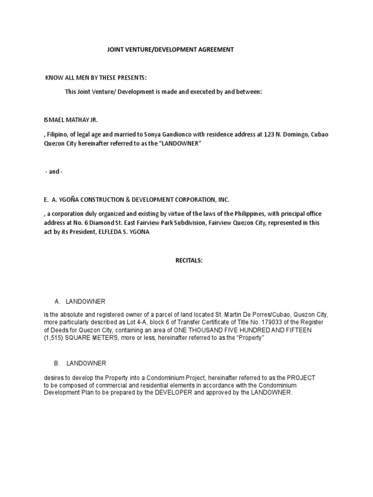 Joint Venture Development Agreement | PDF | Condominium | Natural ...