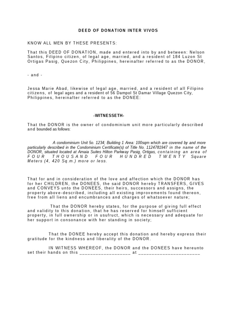 Deed of Donation for Condominium Unit | PDF | Real Property Law ...