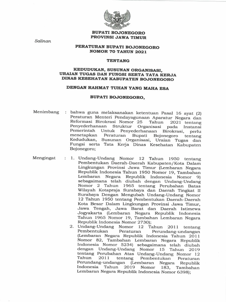 Perbup 70 Tahun 2021 SOTK Dinas Kesehatan | PDF