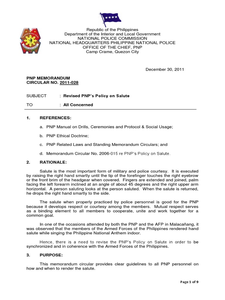 MC 2011-028 Revised PNP's Policy On Salute | PDF | National Security