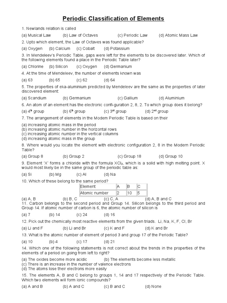 MCQ On Periodic Classification of Elements | PDF | Periodic Table ...
