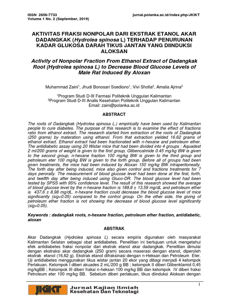 The Effect of Nonpolar Fractions from Ethanol Extract of Dadangkak ...