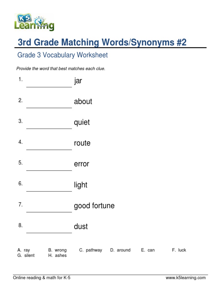 3rd Grade Matching Words/Synonyms #2 | PDF | Language Arts & Discipline ...