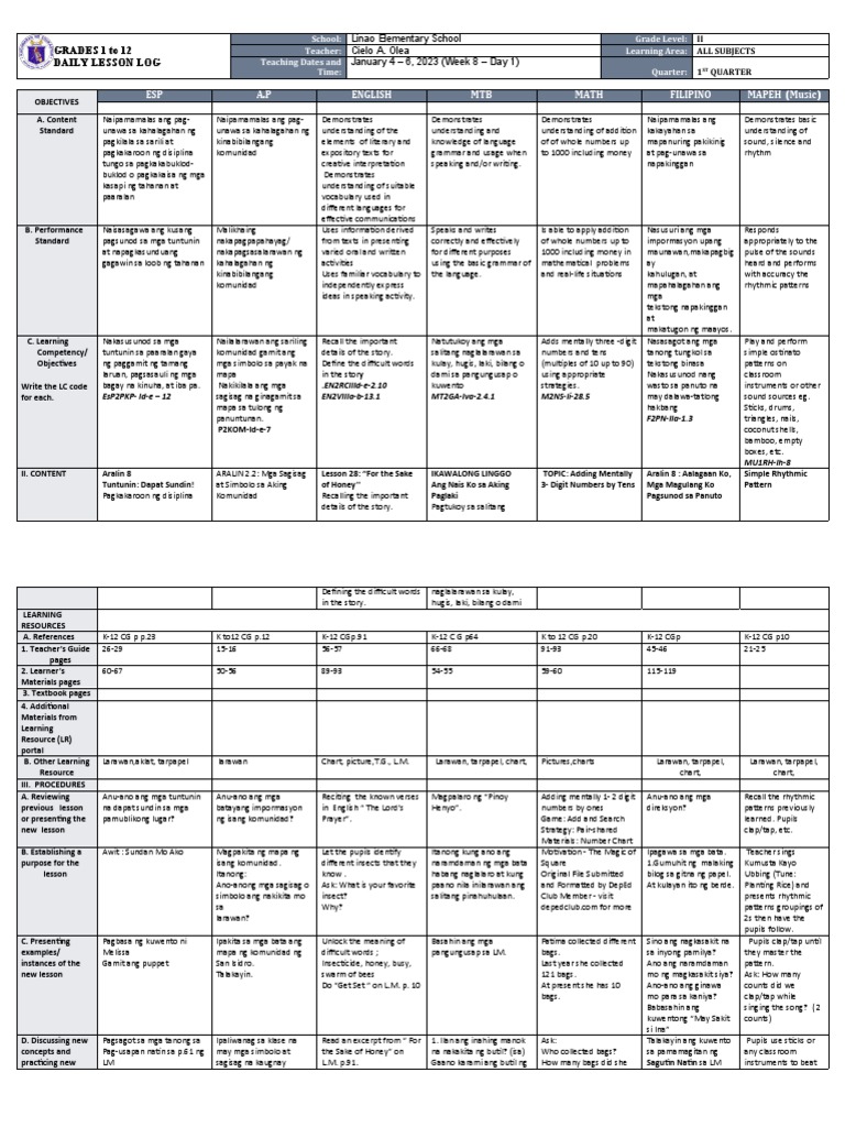 DLL All Subjects 2 q1 w8 d1 | PDF