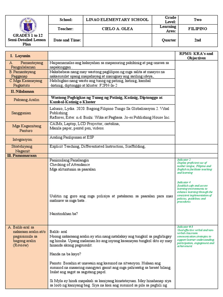 q2 Cot Filipino Week 2 Patinig Katinig | PDF