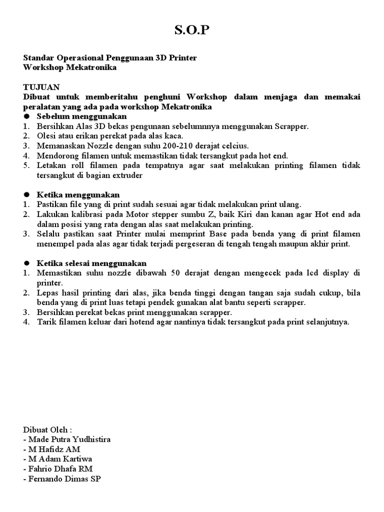 SOP Penggunaan 3D Printer di Workshop | PDF