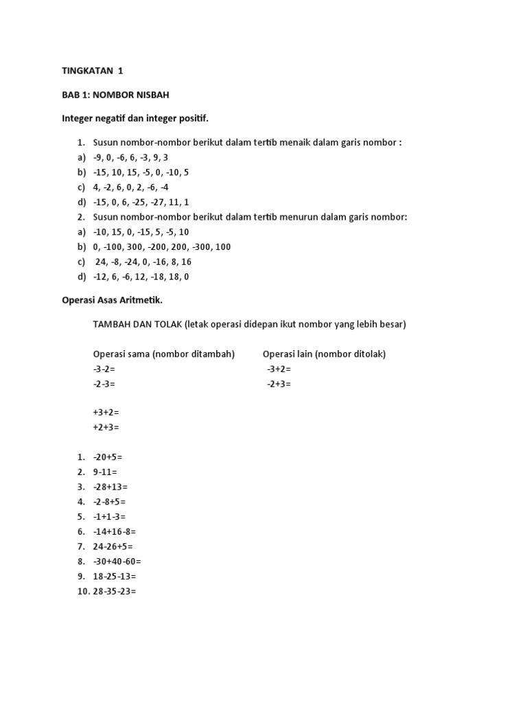 TINGKATAN 1 Ex Bab1 Nombor Nisbah | PDF