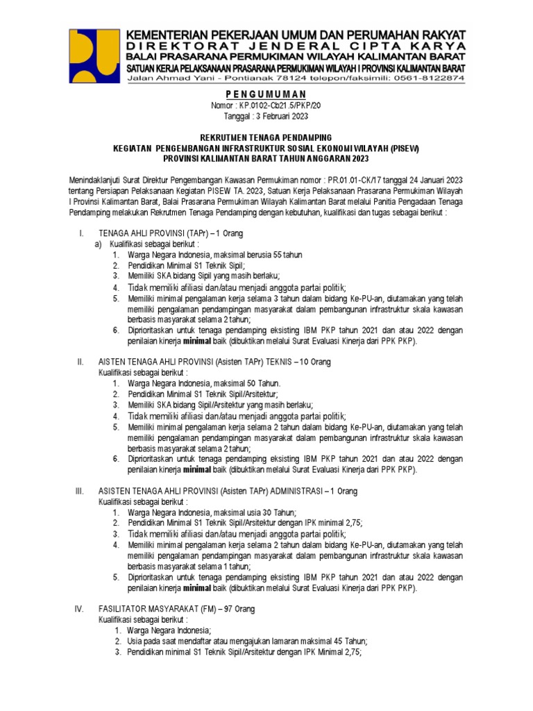 Pengumuman Rekrutmen Tenaga Pendamping Pisew 2023 | PDF