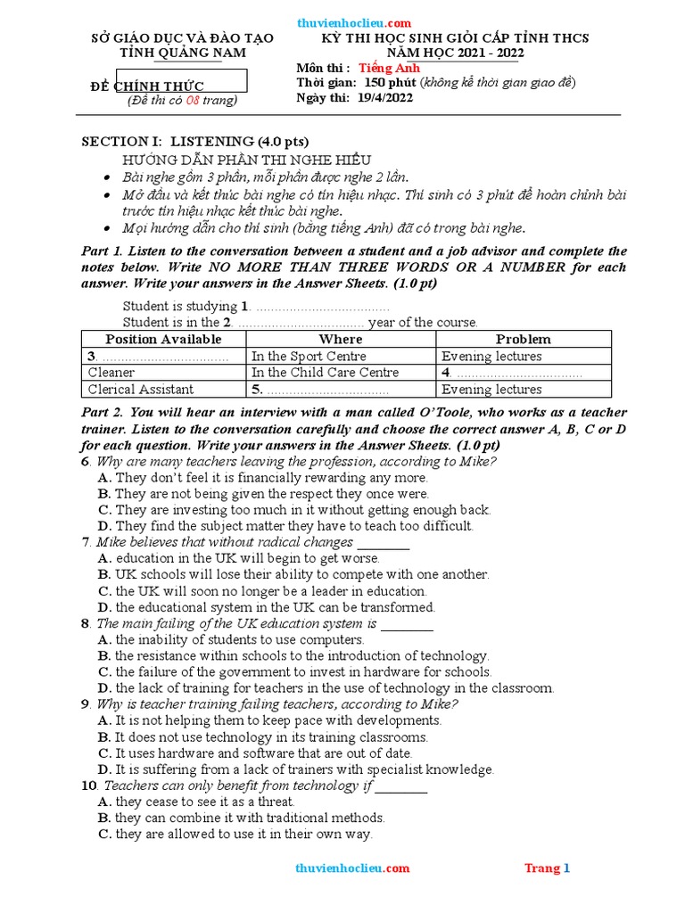 De Thi HSG Tieng Anh 9 Quang Nam 21 22 | PDF | Social Science | Language Arts & Discipline