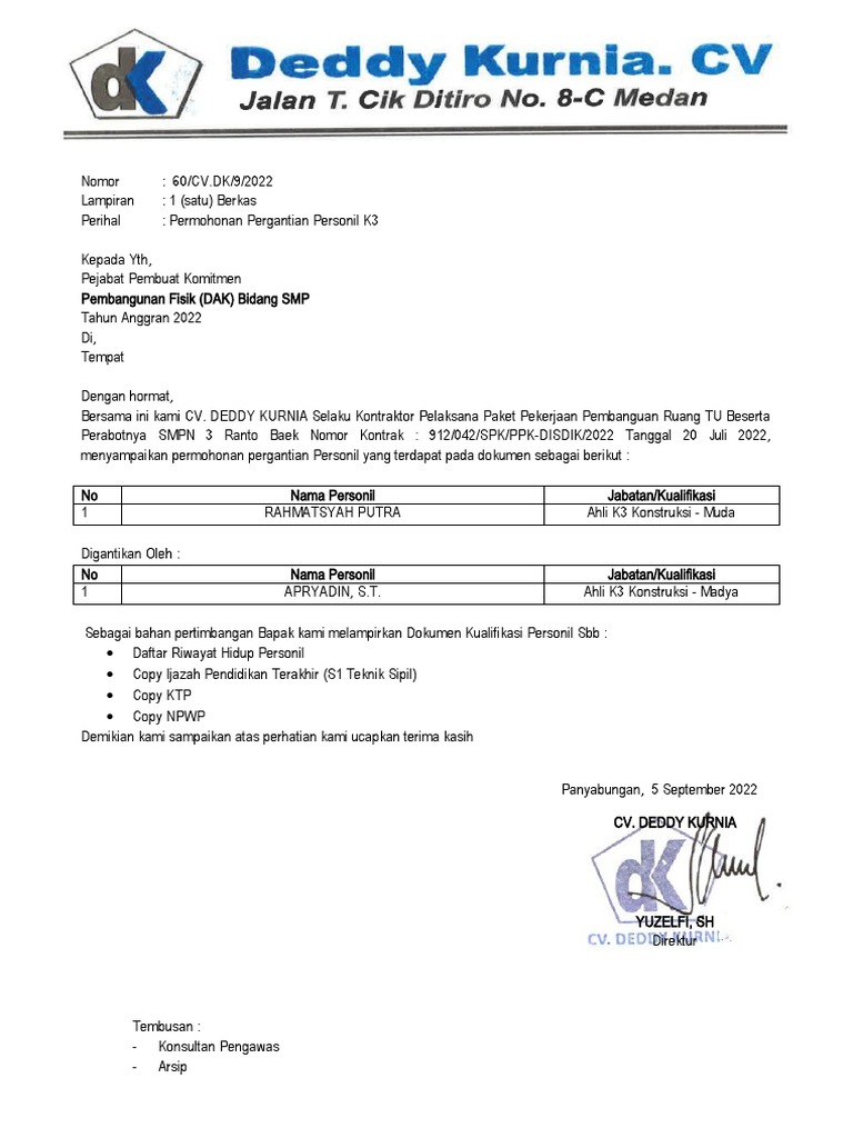 Surat Permohonan Pergantian Personil | PDF