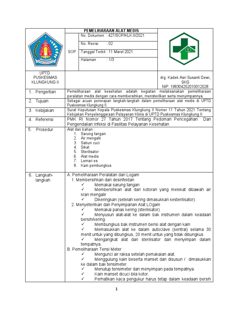 Sop Pemeliharaan Alat Medis | PDF
