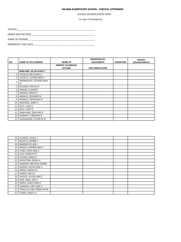 School Reunification Form | PDF | Internet | Emergency
