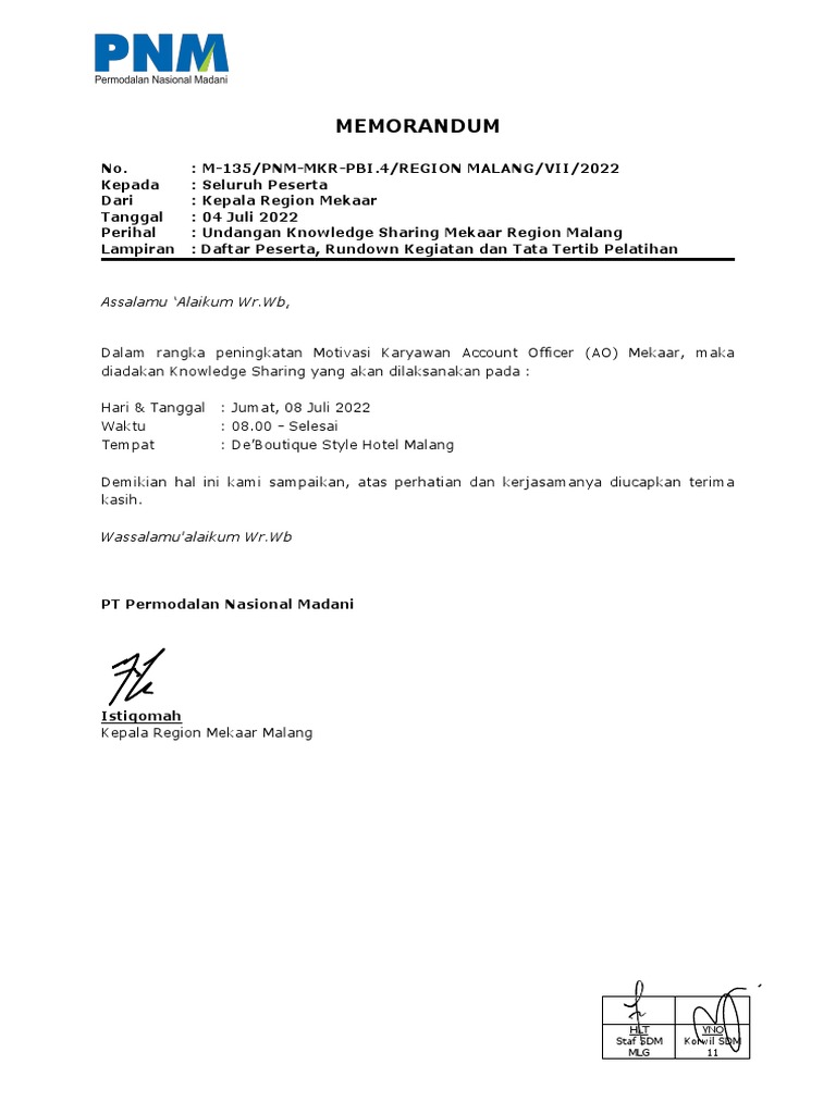 Memo Undangan Peserta KS Malang | PDF