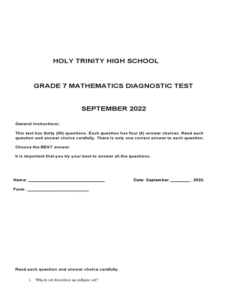Holy Trinity High School Grade 7 Mathematics Diagnostic Test | PDF ...