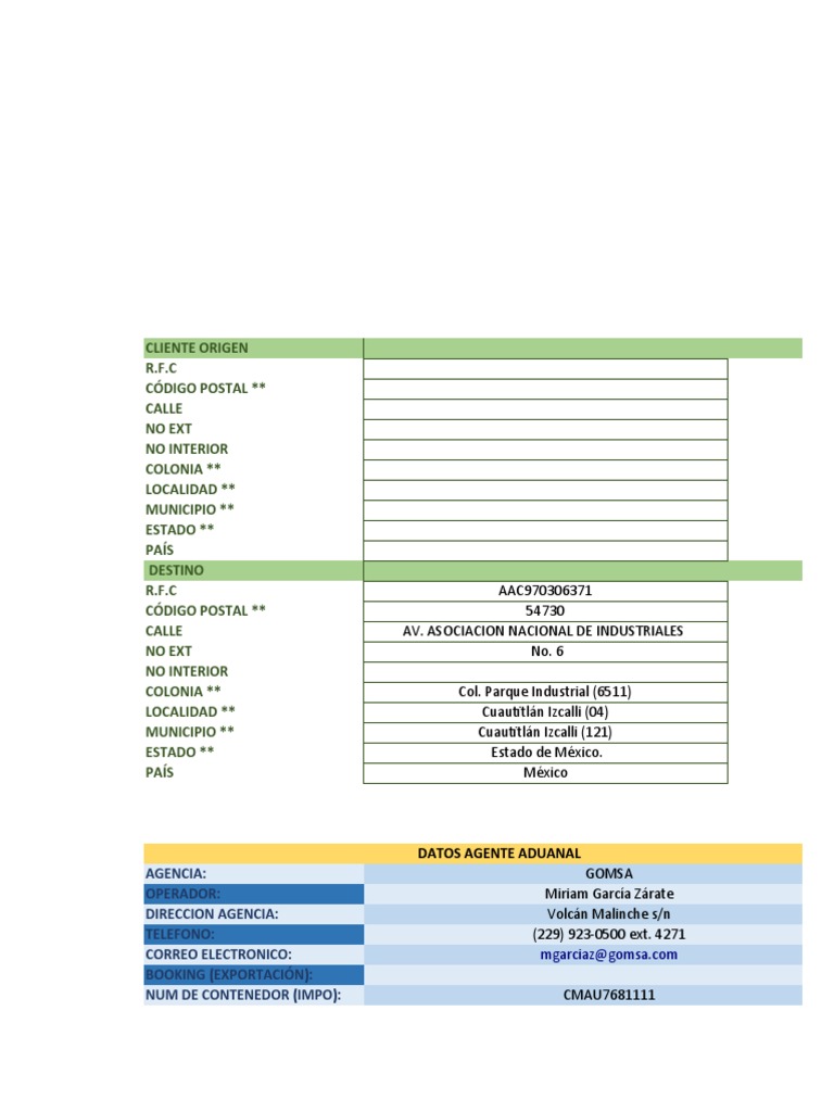 FORMATO COMPLEMENTO CARTA PORTE EXCEL PO5455.xlsb | PDF