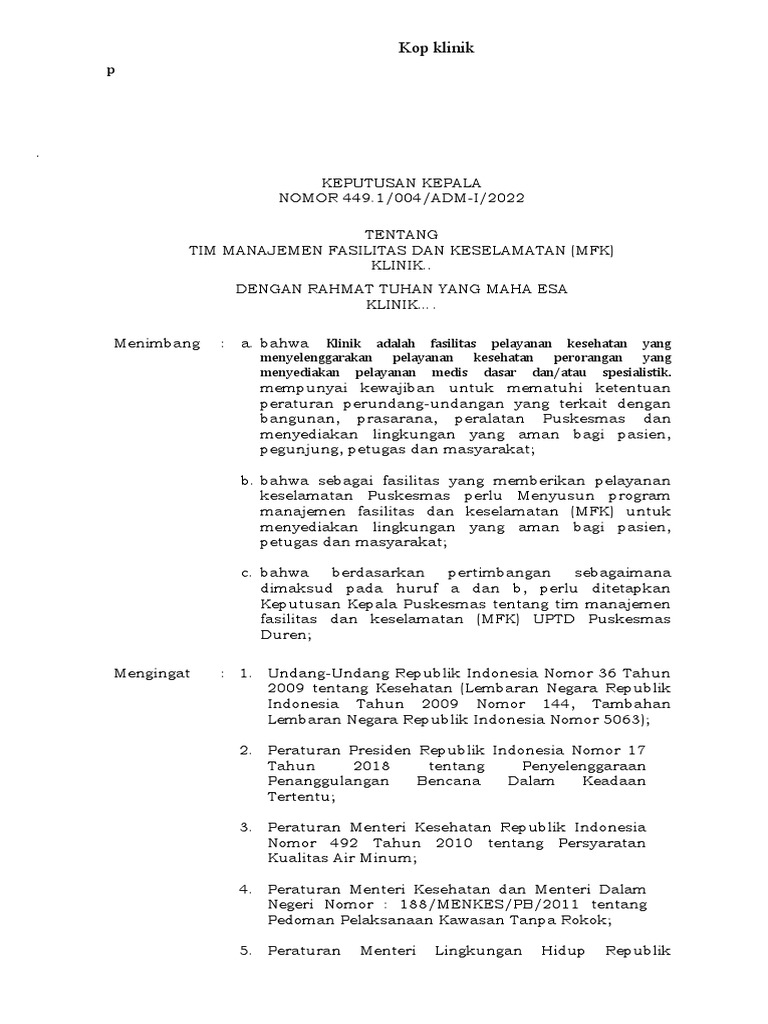 SK Tim Manajemen Fasilitas & Keselamatan (MFK) PKM Duren | PDF | Sains & Matematika