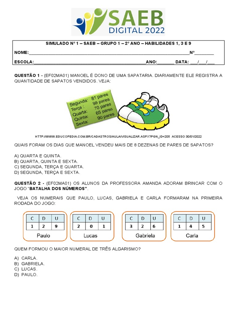 1o Simulado 2o Ano | PDF