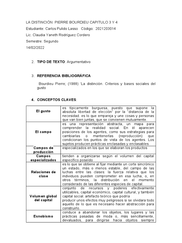 Ficha La Distinción Pierre Bourdieu Capitulos 3 y 4 | PDF | Capital (economía) | Abstracción