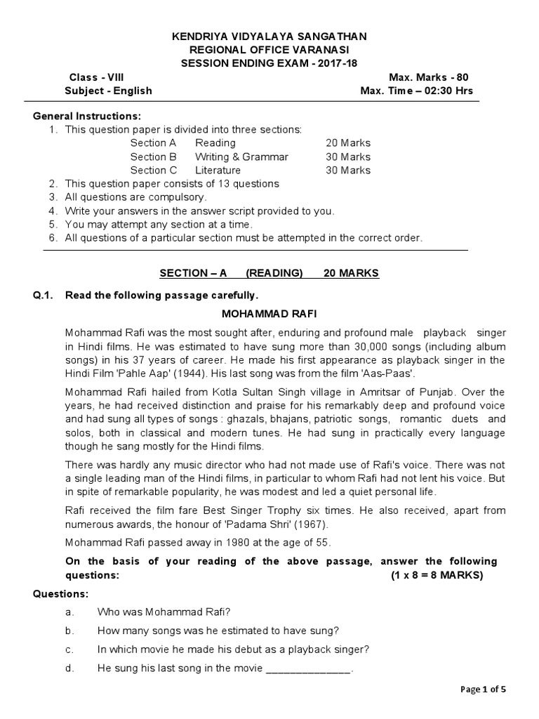 Class 8 English Annual Exam Paper 2017 | PDF