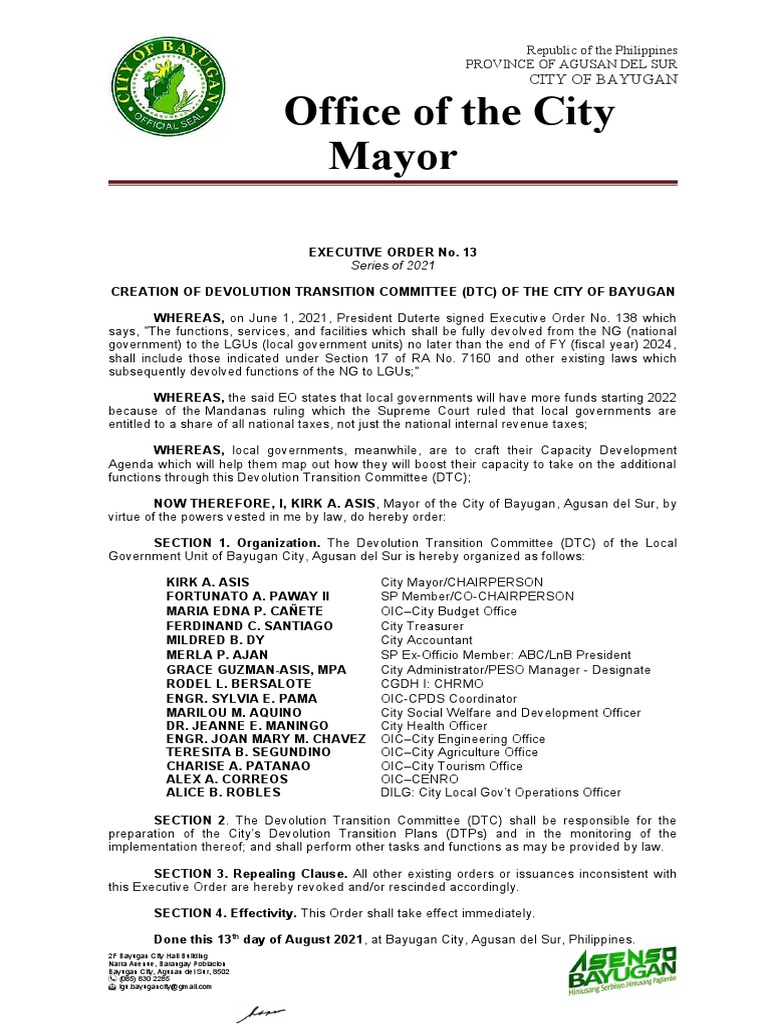Bayugan's Devolution Transition Plan | PDF | Government | Governance