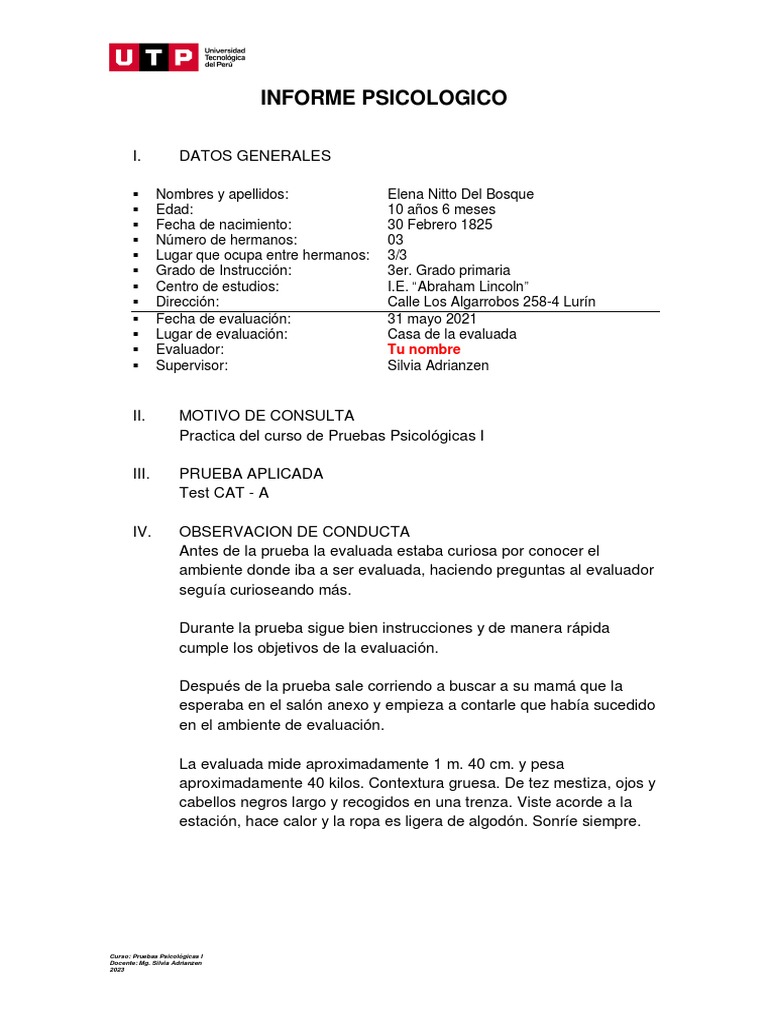 Modelo INFORME PSICOLOGICO Cat-A | PDF | Temor | Ciencias del comportamiento