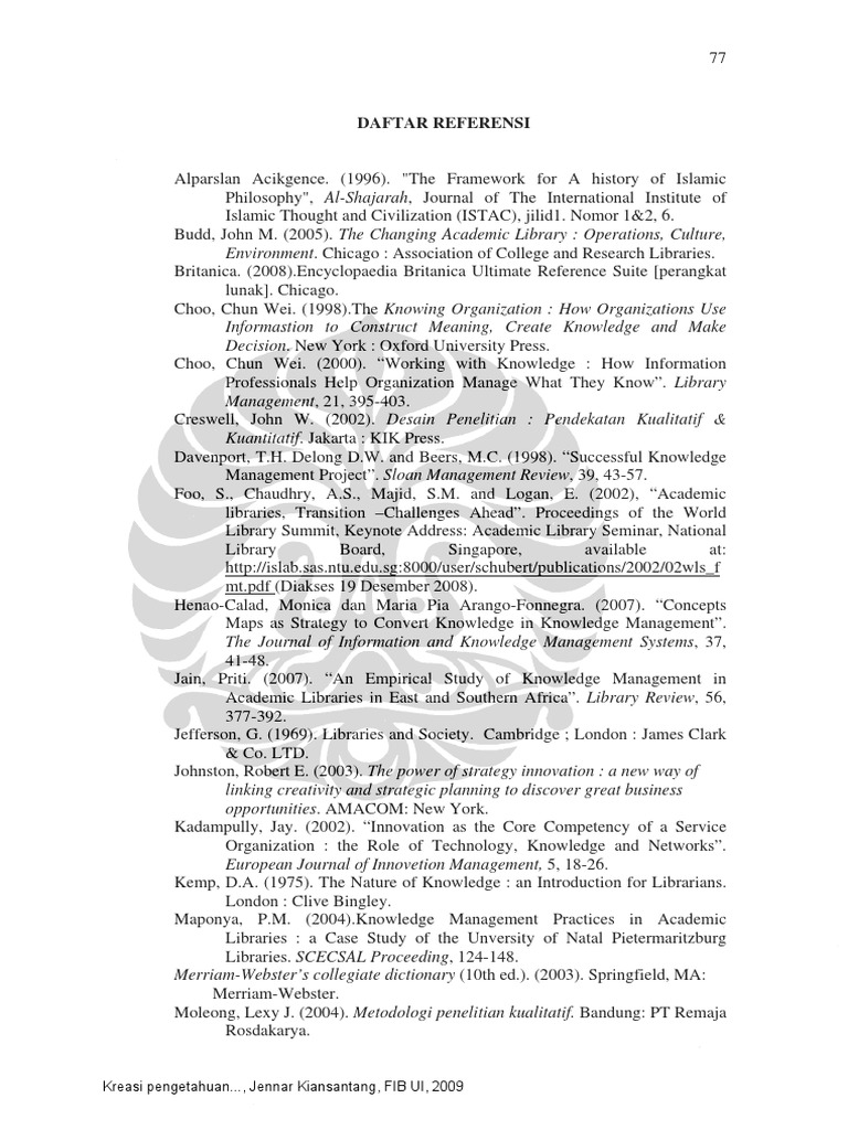 Daftar Referensi: Kreasi Pengetahuan..., Jennar Kiansantang, FIB UI, 2009 | PDF | Business ...