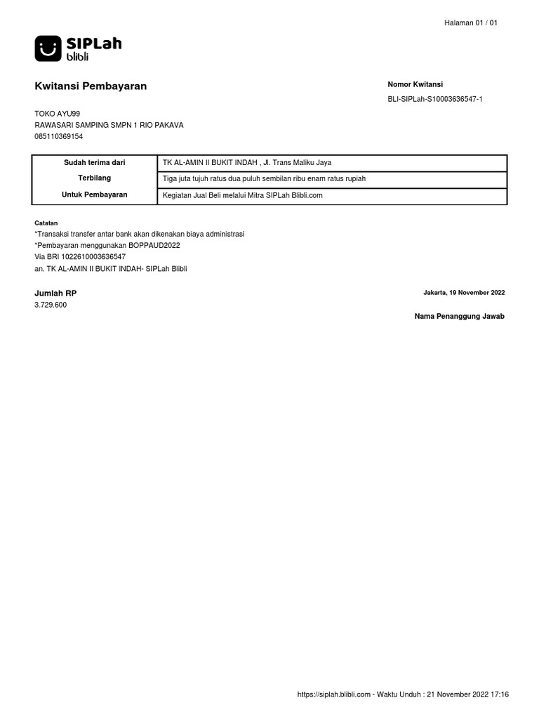 Contoh Kwitansi Siplah Blibli | PDF