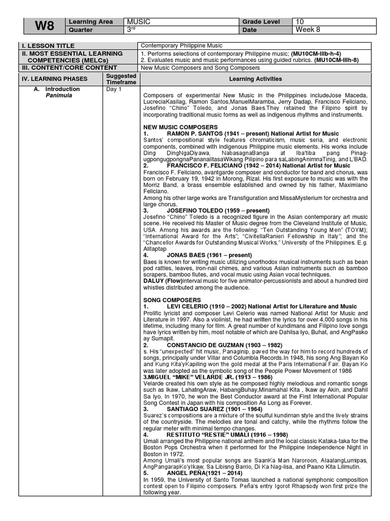 Grade 10 Music Q3 W8 | PDF | Entertainment | Performing Arts