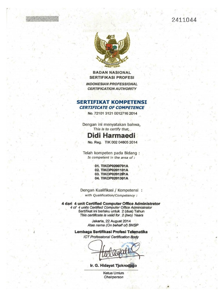 Sertifikat - BNSP | PDF