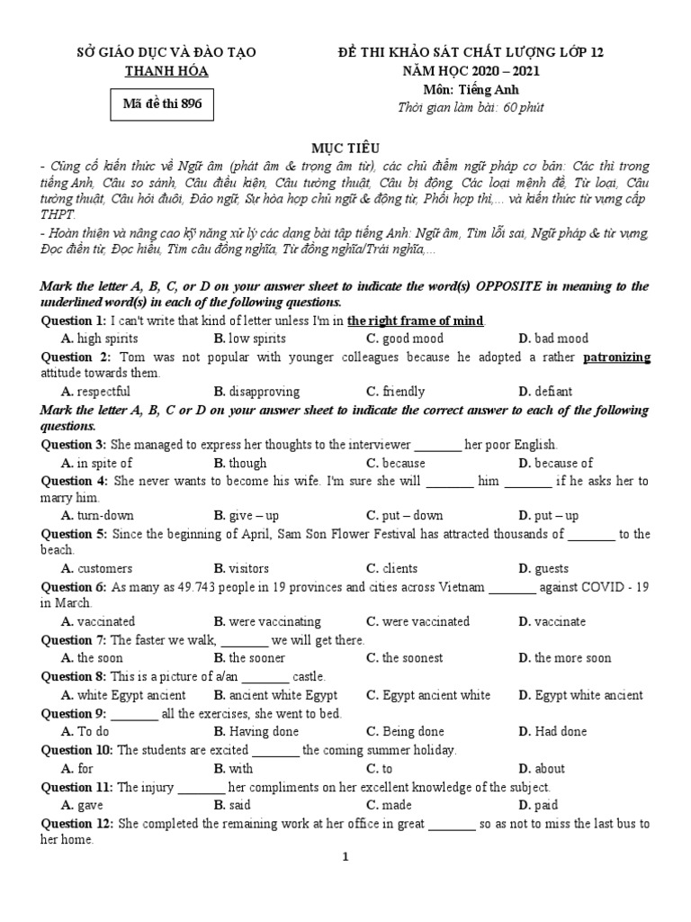 SỞ GIÁO DỤC VÀ ĐÀO TẠO ĐỀ THI KHẢO SÁT CHẤT LƯỢNG LỚP 12 THANH HÓA ...