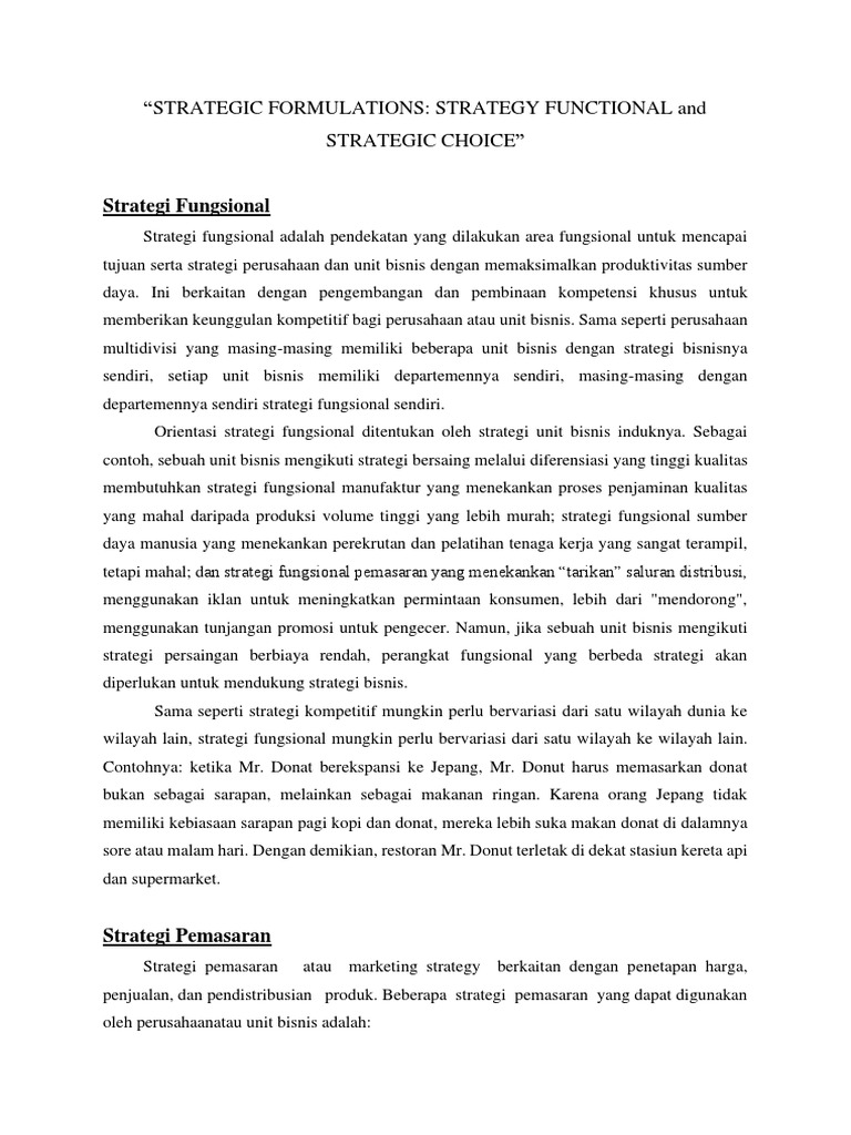 Strategy Formulations, Functional Strategy and Strategic Choice | PDF