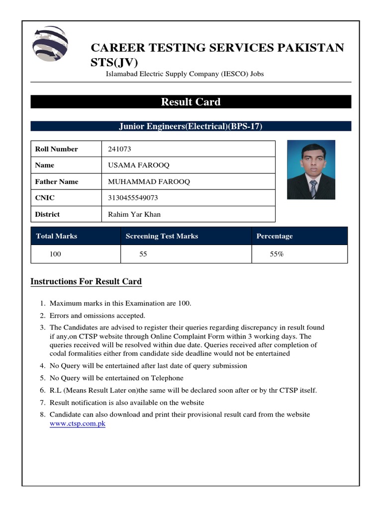 Career Testing Services Pakistan Sts (JV) : Result Card | PDF