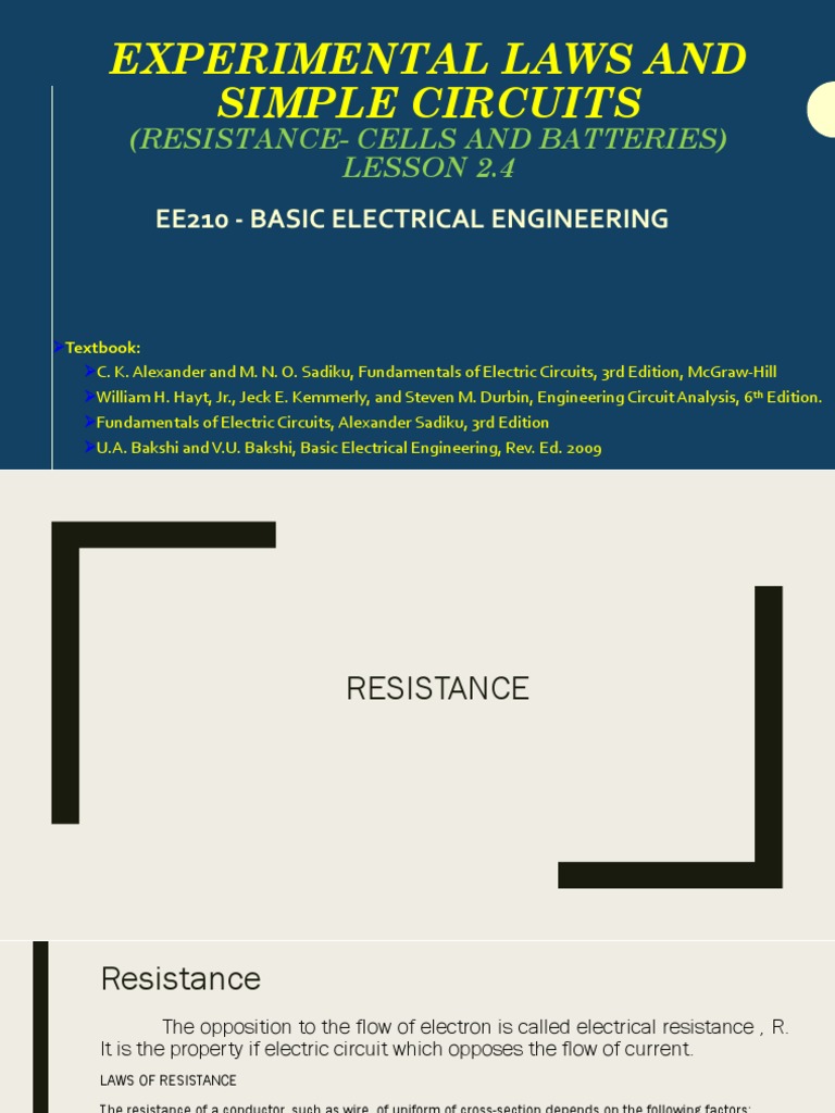 Lesson 3 2.3 2.4 Experimental Laws and Simple Circuits Resistance Cells and Batteries | PDF ...