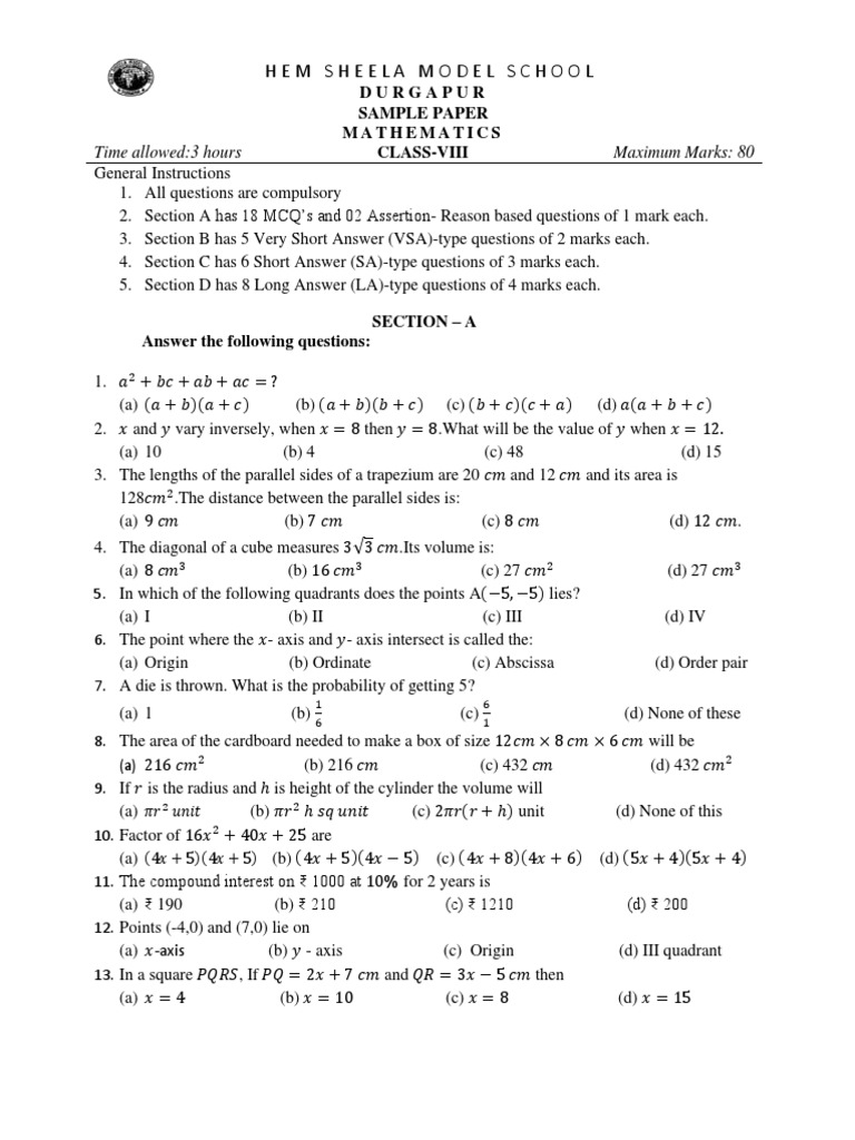 SAMPLE PAPER CLASS VIII | PDF | Area | Geometry