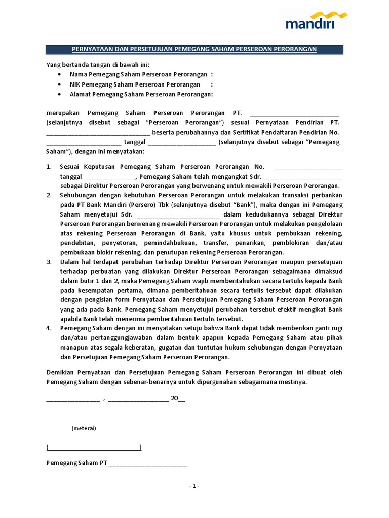 Form Pernyataan Pemegang Saham Perseroan Perorangan | PDF